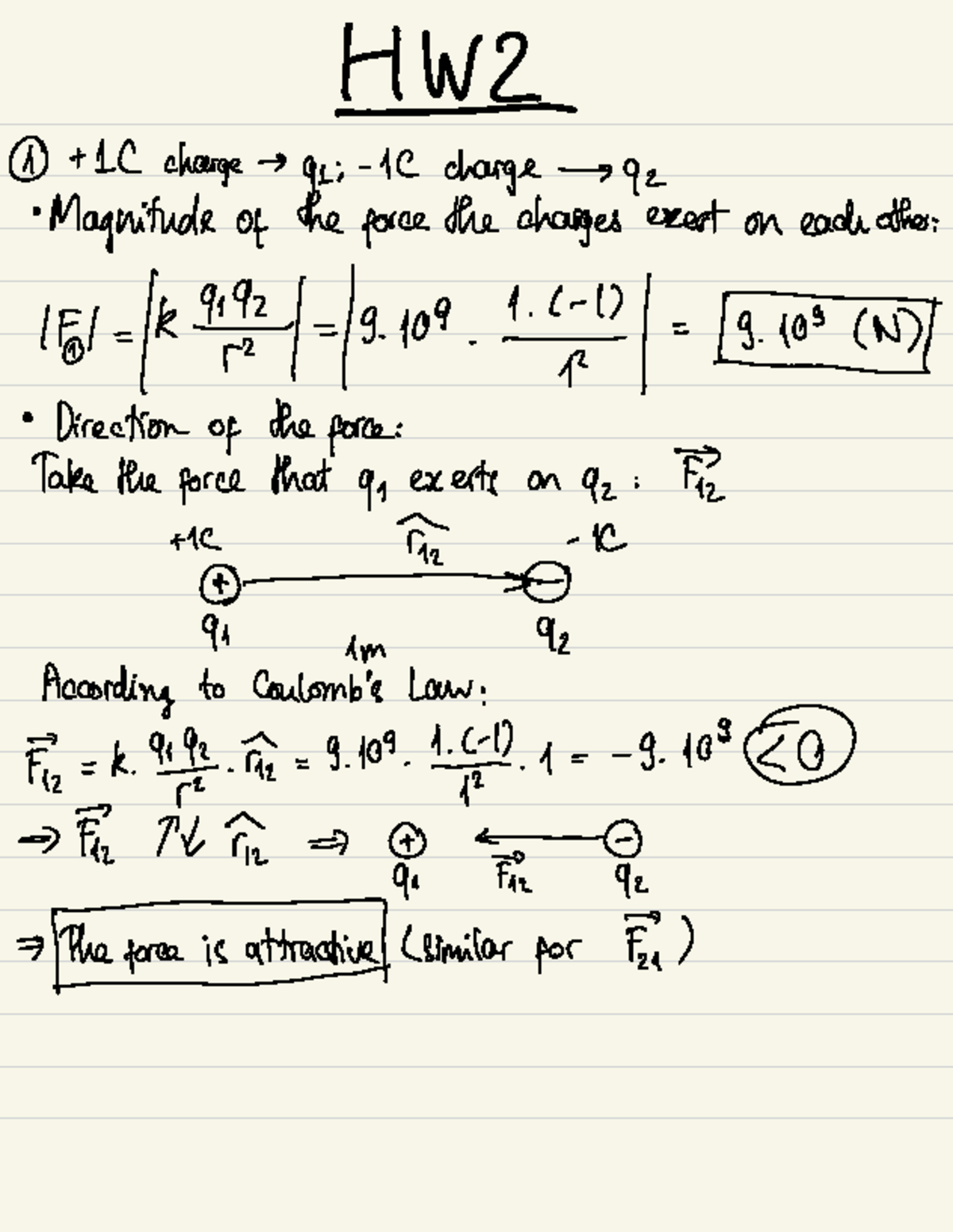HW2 - Homework - HWI ① +1C charge → 91 ; -1C charge → 92 Magnitude of the force the charges ...