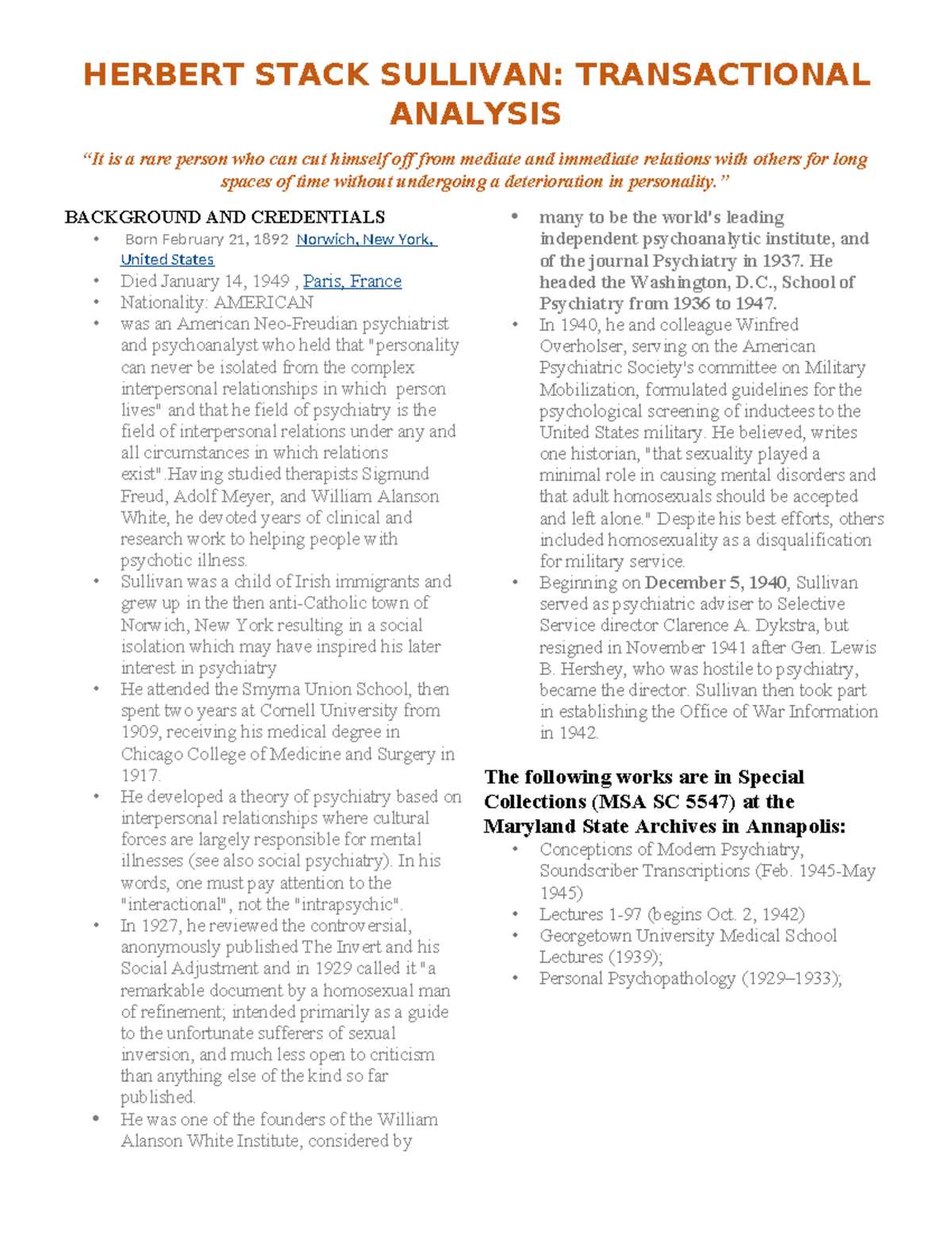 Herbert Stack Sullivan, Florence Nightingale - HERBERT STACK SULLIVAN: TRANSACTIONAL ANALYSIS ...