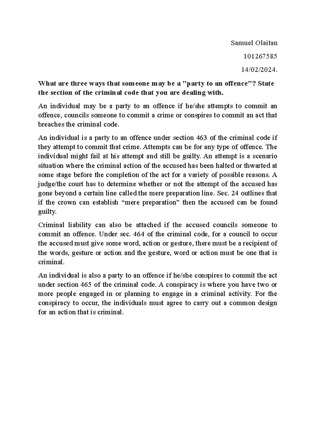 LAWS Discussion 5 - For laws - Samuel Olaitan 101267585 14/02/2024 ...