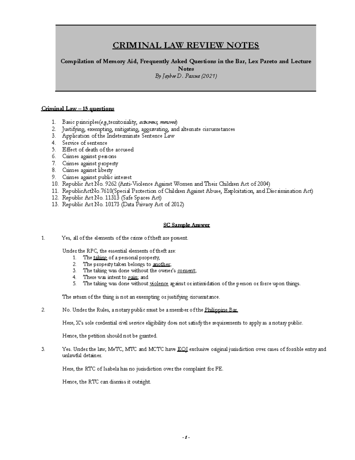 PRE WEEK Criminal LAW - CRIMINAL LAW REVIEW NOTES Compilation of Memory ...