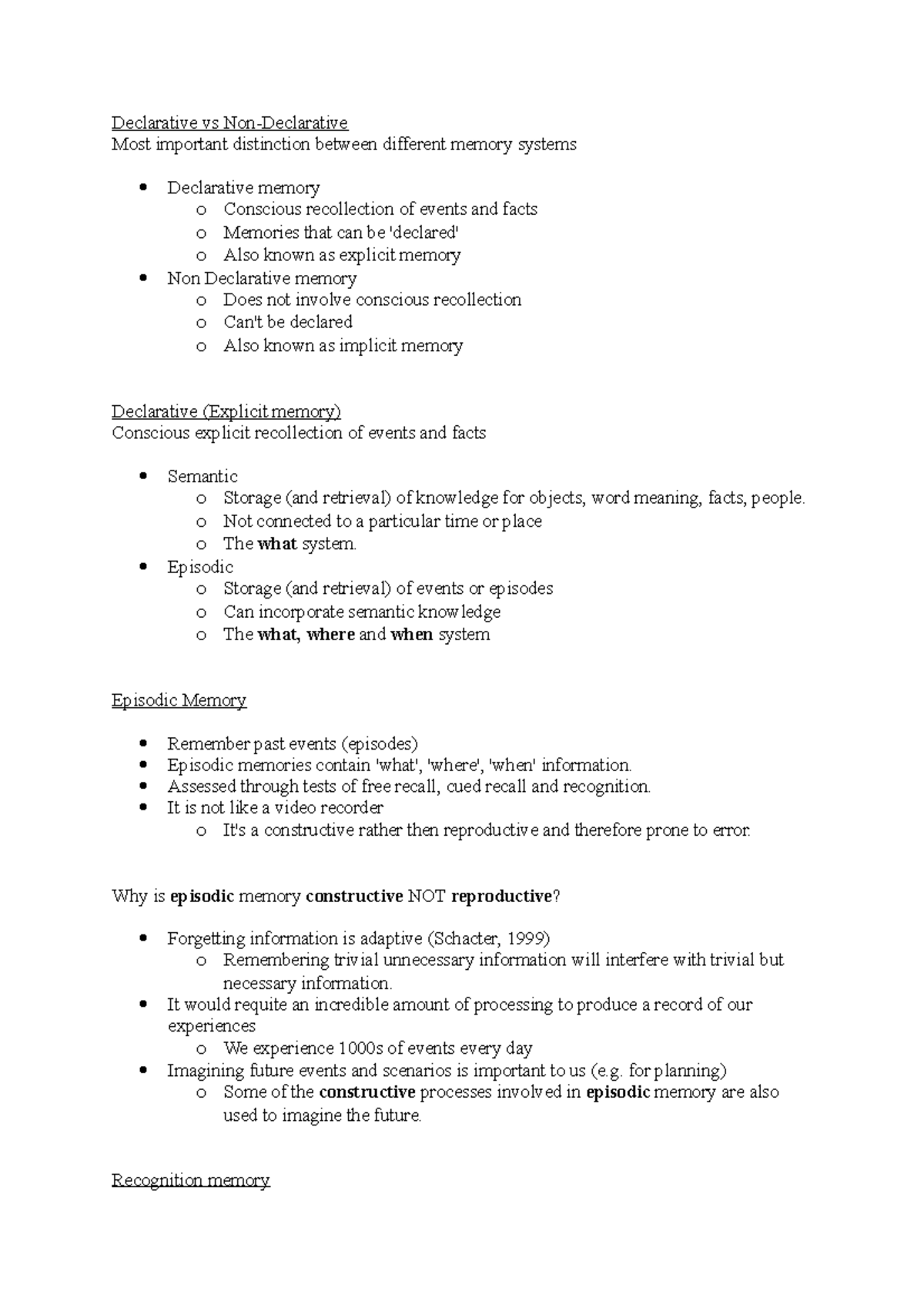 Long Term Memory - Declarative vs Non-Declarative Most important distinction between different ...