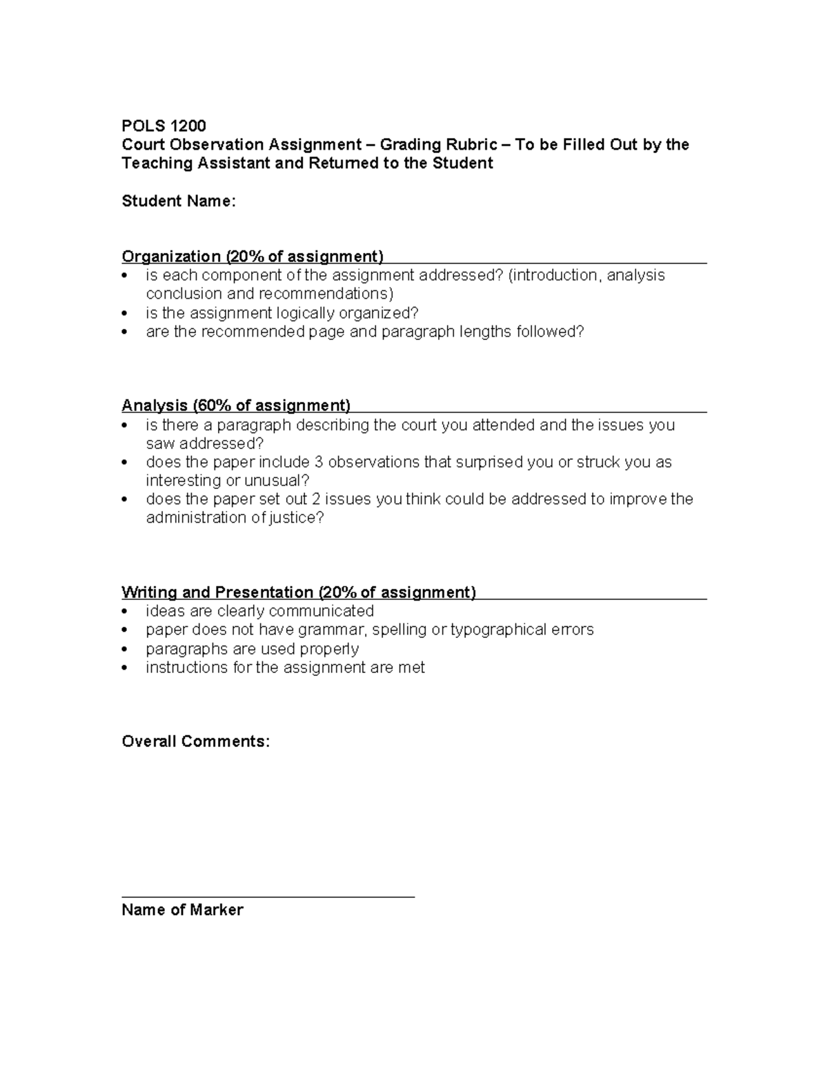Grading Rubric - Court Observation Assignment - POLS 1200 Court ...