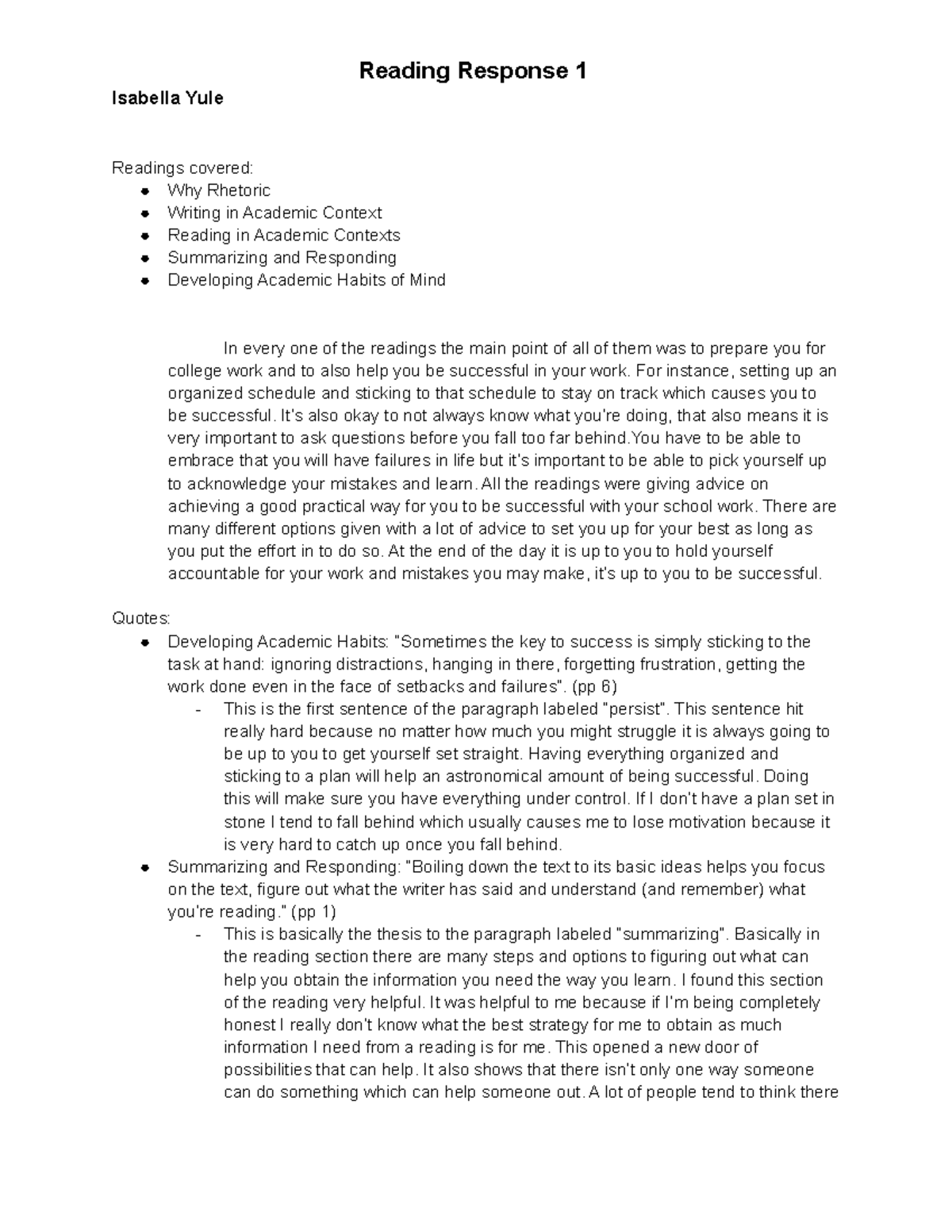 Reading Reasonse 1 - Reading Response 1 Isabella Yule Readings covered ...