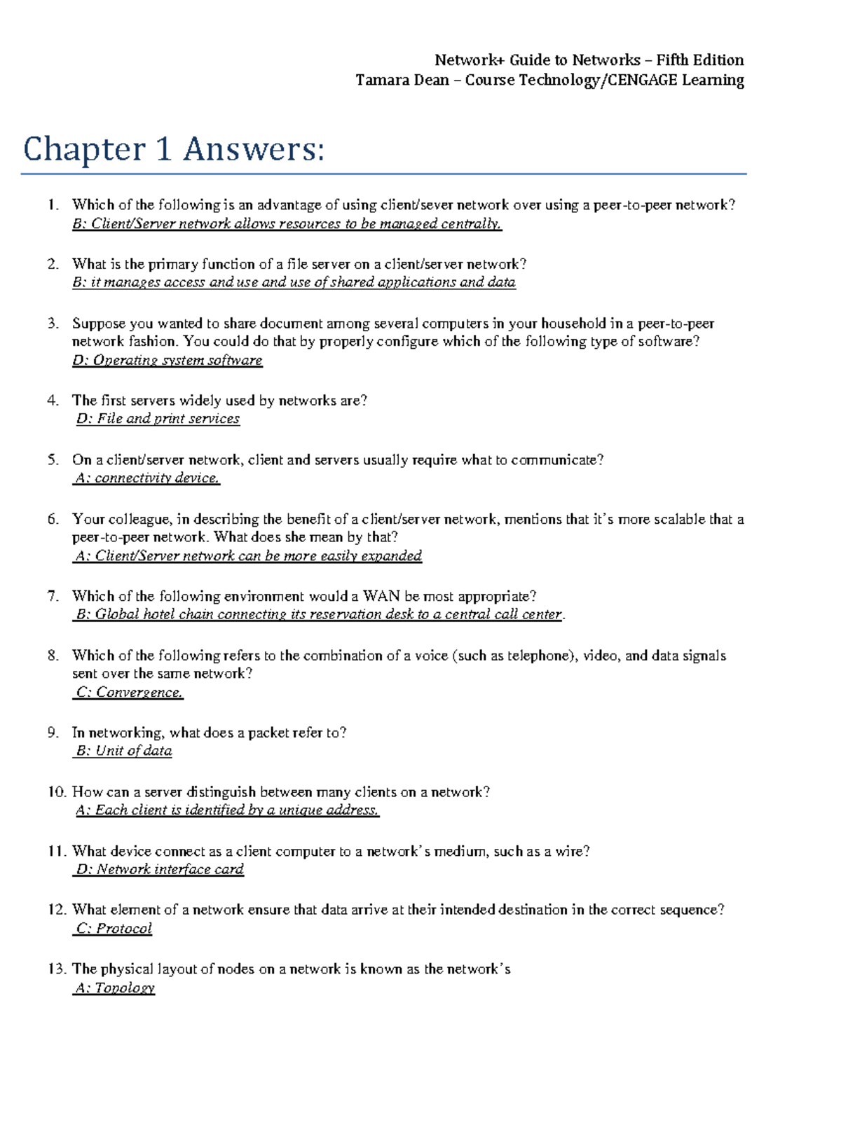Chapter 1 Answers, fifth edition, correct answers - Network+ Guide to ...