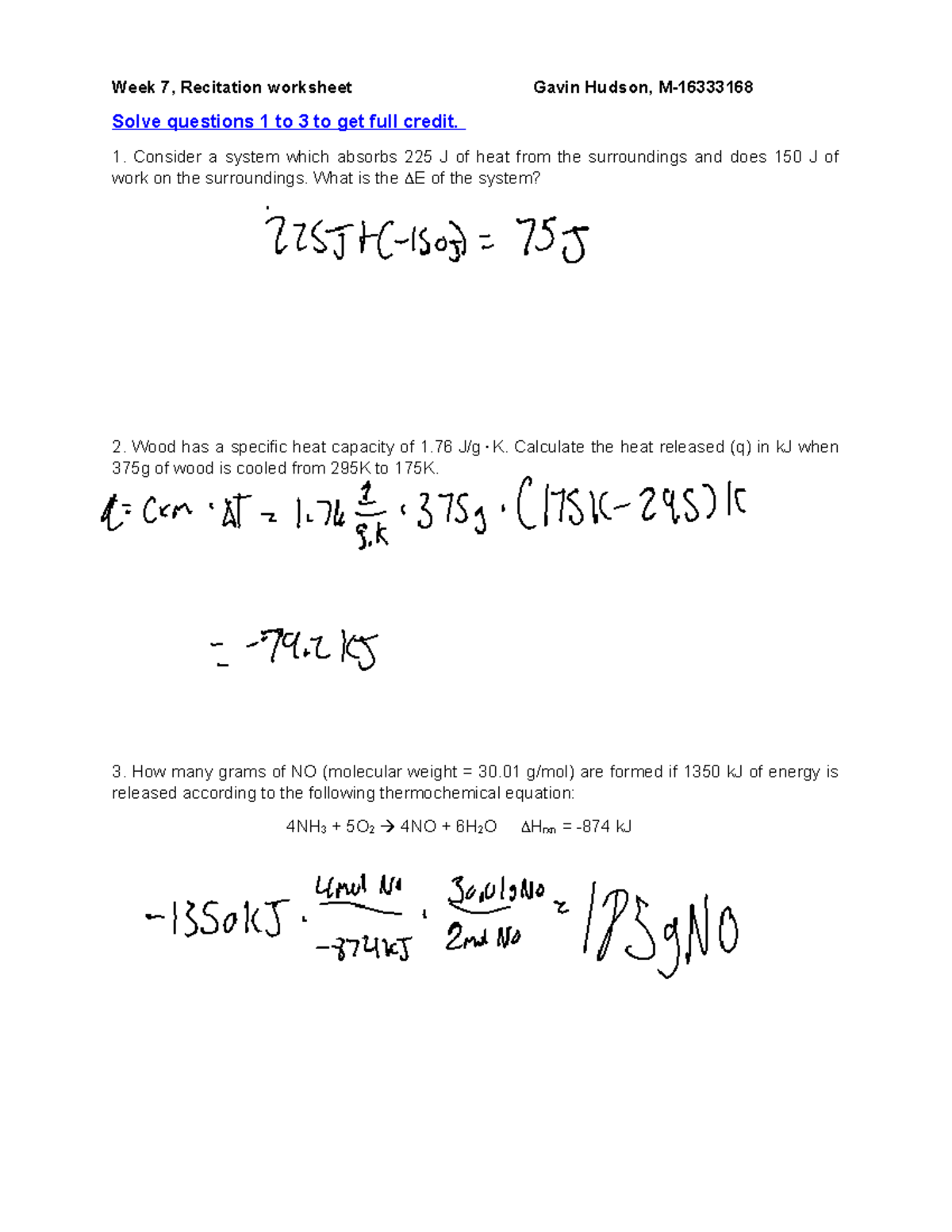 Week 7 Recitation Problems - Week 7, Recitation worksheet Gavin Hudson, M- Solve questions 1 to ...