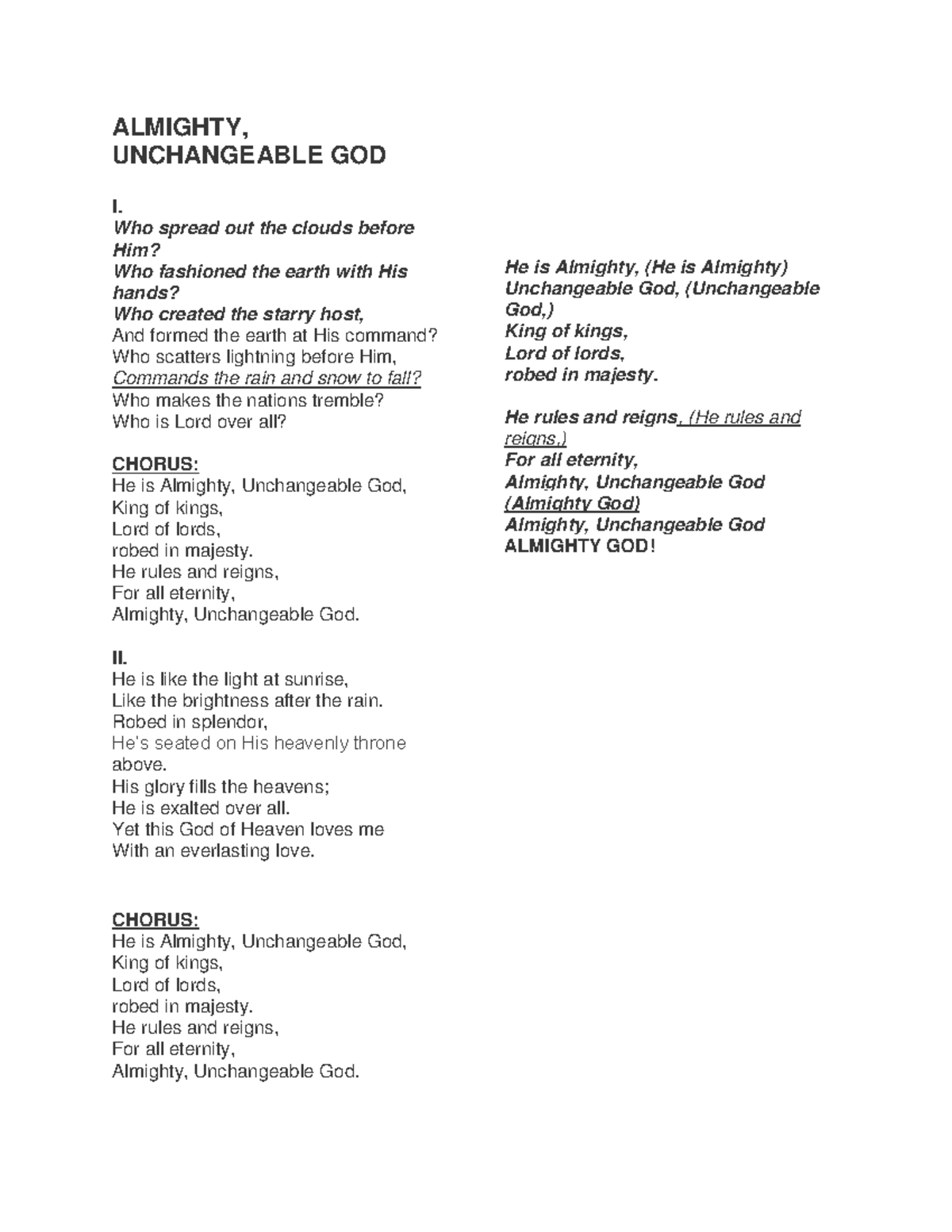 Almighty, Unchangeable GOD Lyrics - ALMIGHTY, UNCHANGEABLE GOD I. Who ...