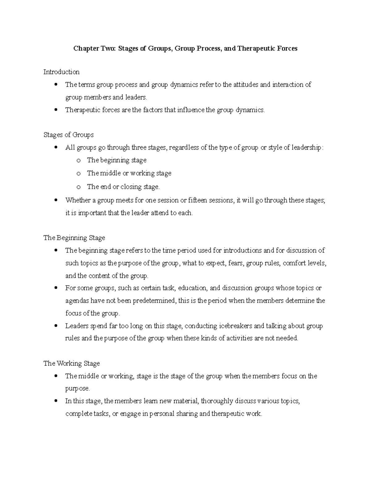 Chapter Two Stages of Groups, Group Process, and Therapeutic Forces ...