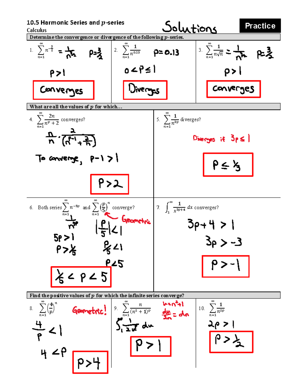 Calc 10 - 10 Harmonic Series and 𝒑‐series Calculus Determine the ...