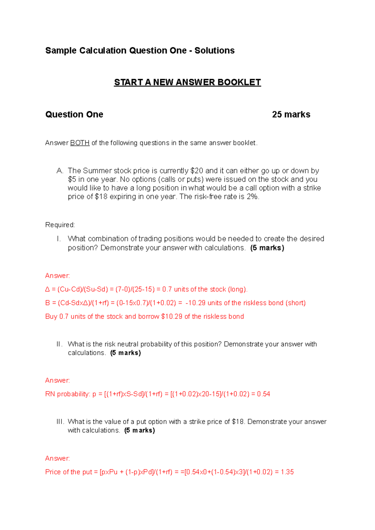 FINC 2012 Sample Calculation Question One - Solutions - Sample ...