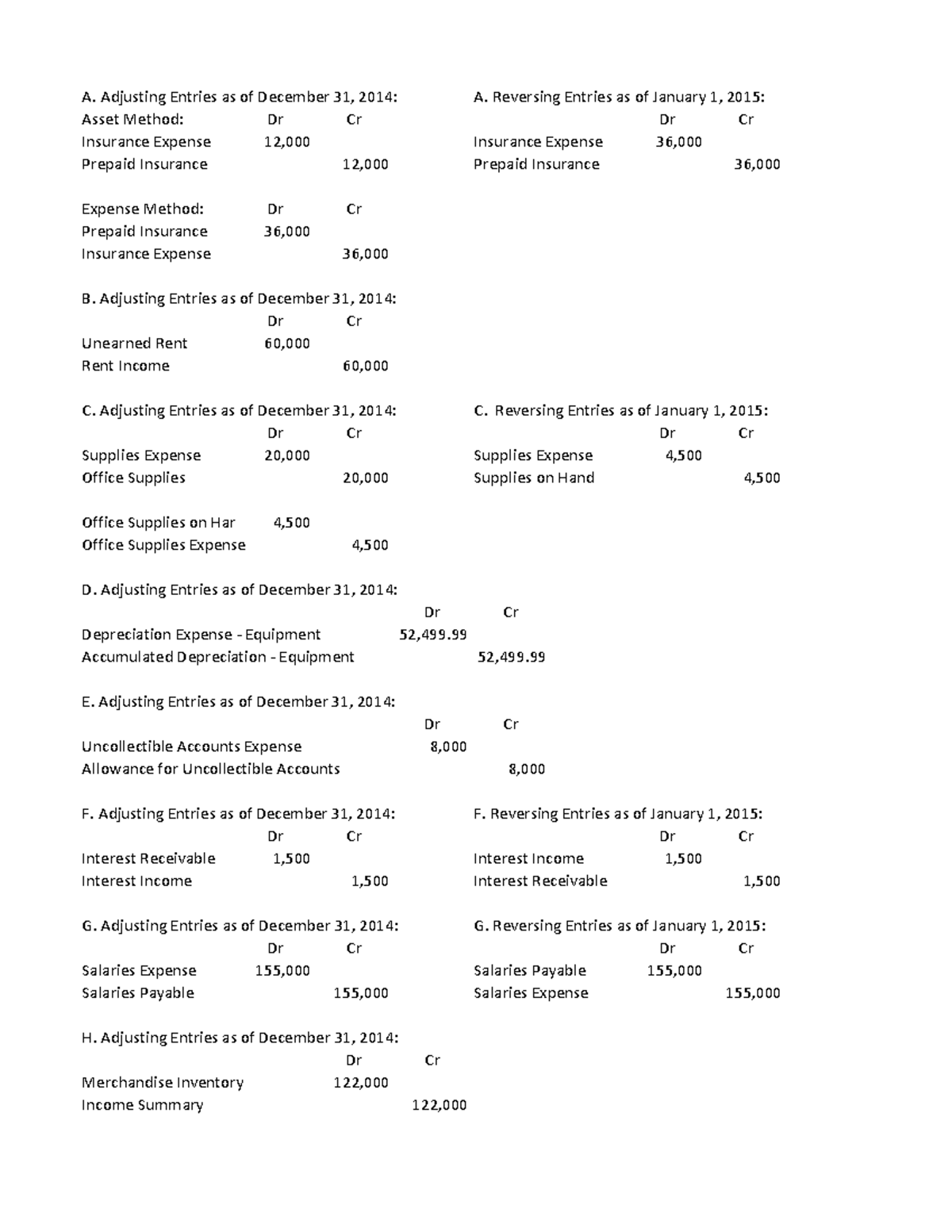 Exercise 1-7 - A. Adjusting Entries as of December 31, 2014: A. Reversing Entries as of January ...