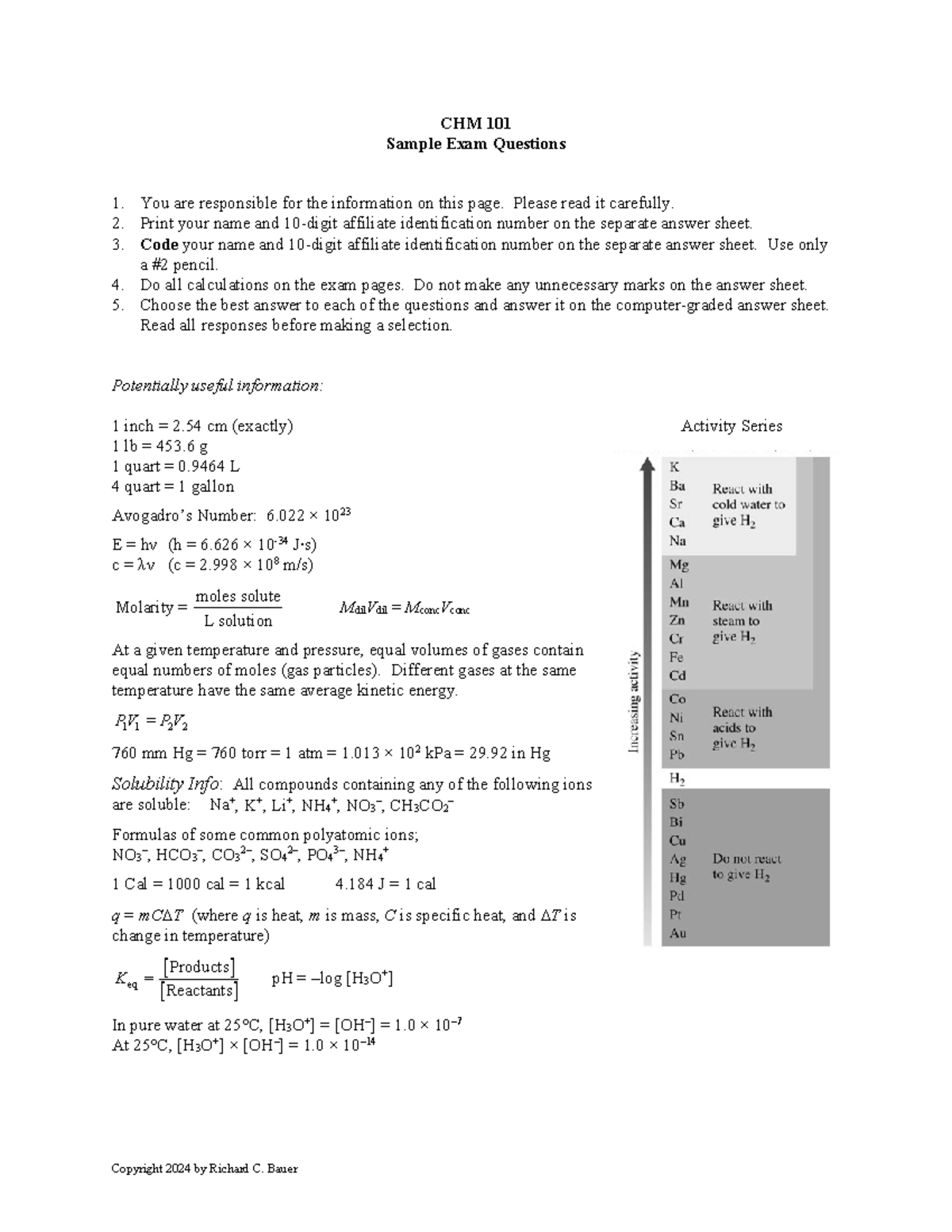 CHM 101 Sample EXAM Questions - CHM 101 Sample Exam Questions You are ...