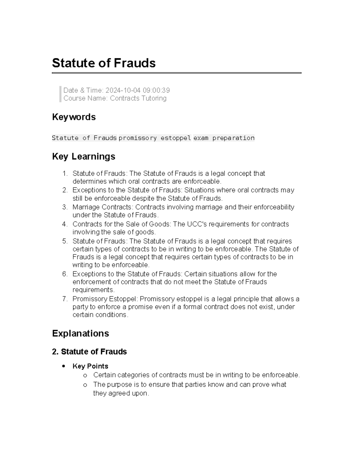 Statute of Frauds Tutoring Notes - Statute of Frauds Date & Time: 2024 ...