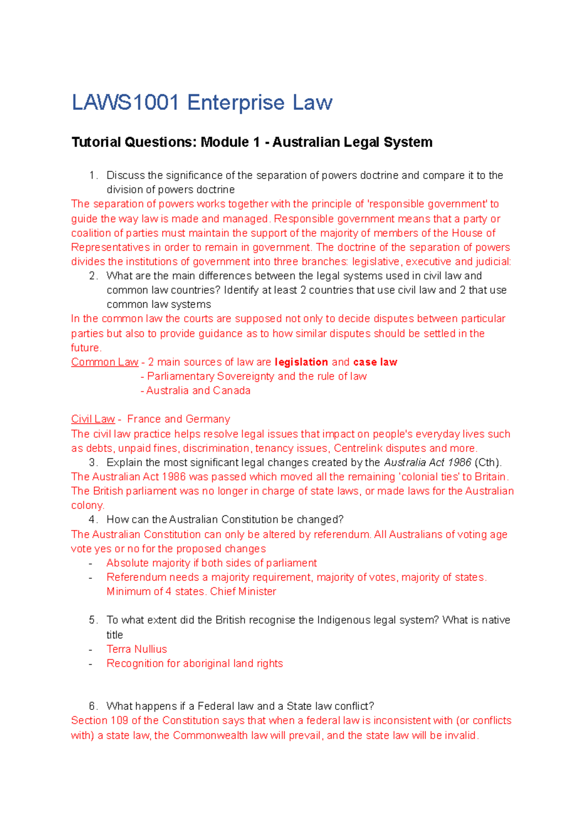 Week 2 Tutorial Questions Module 1 - Australian Legal System - LAWS1001 Enterprise Law Tutorial ...