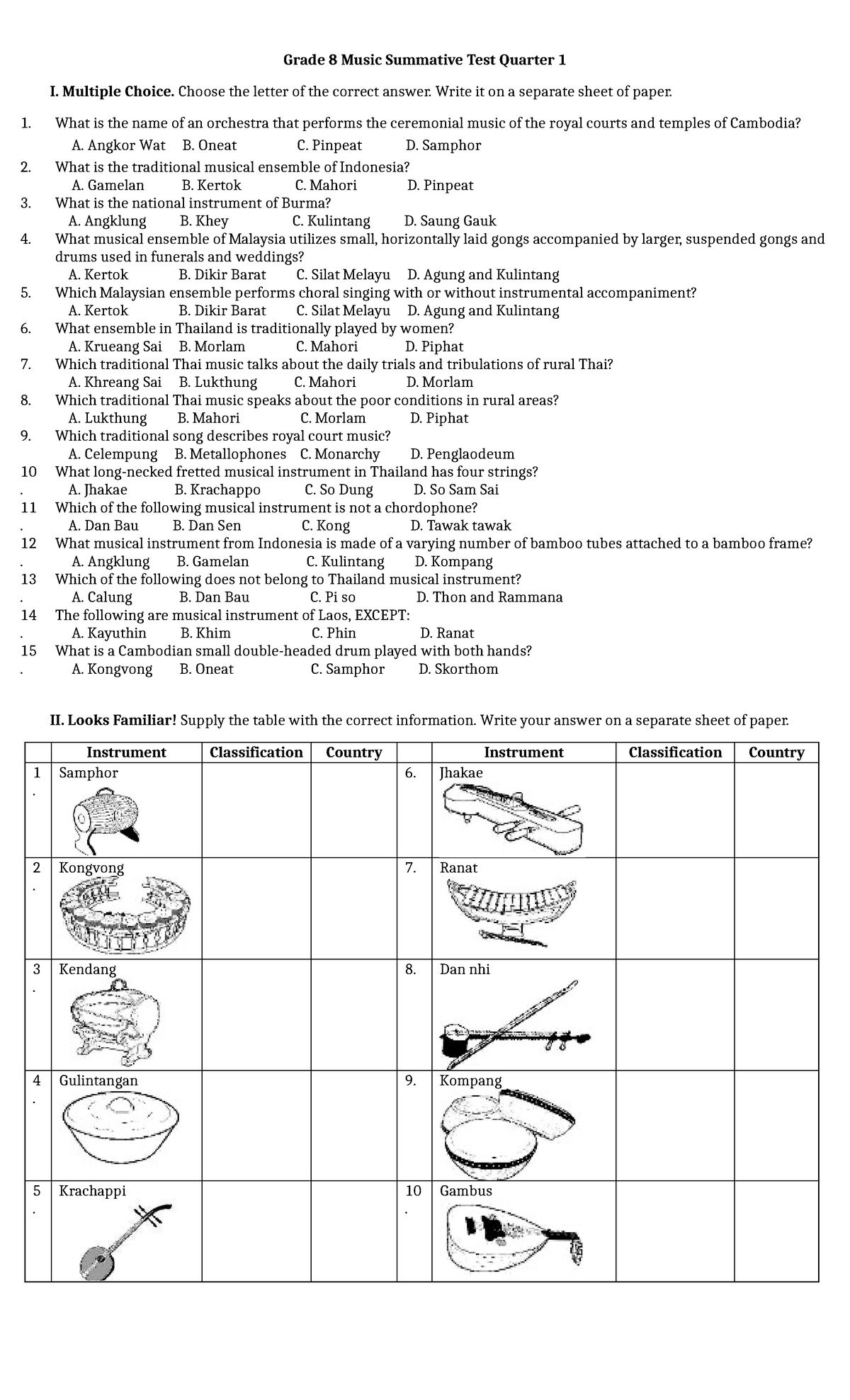 Grade 8 Music Summative Test Quarter 1 - Grade 8 Music Summative Test ...