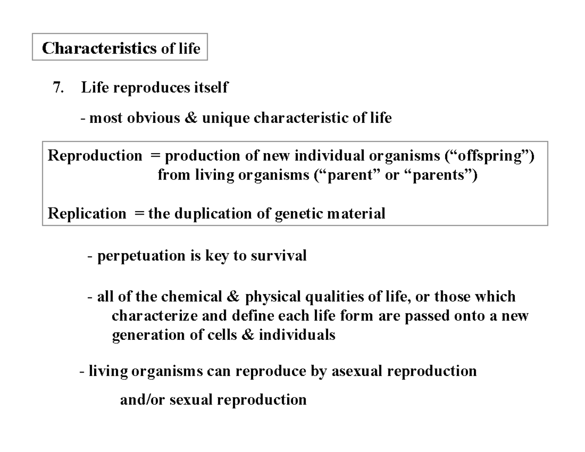Lecture notes 6 - C of Life (Reproduction) - Characteristics of life 7 ...