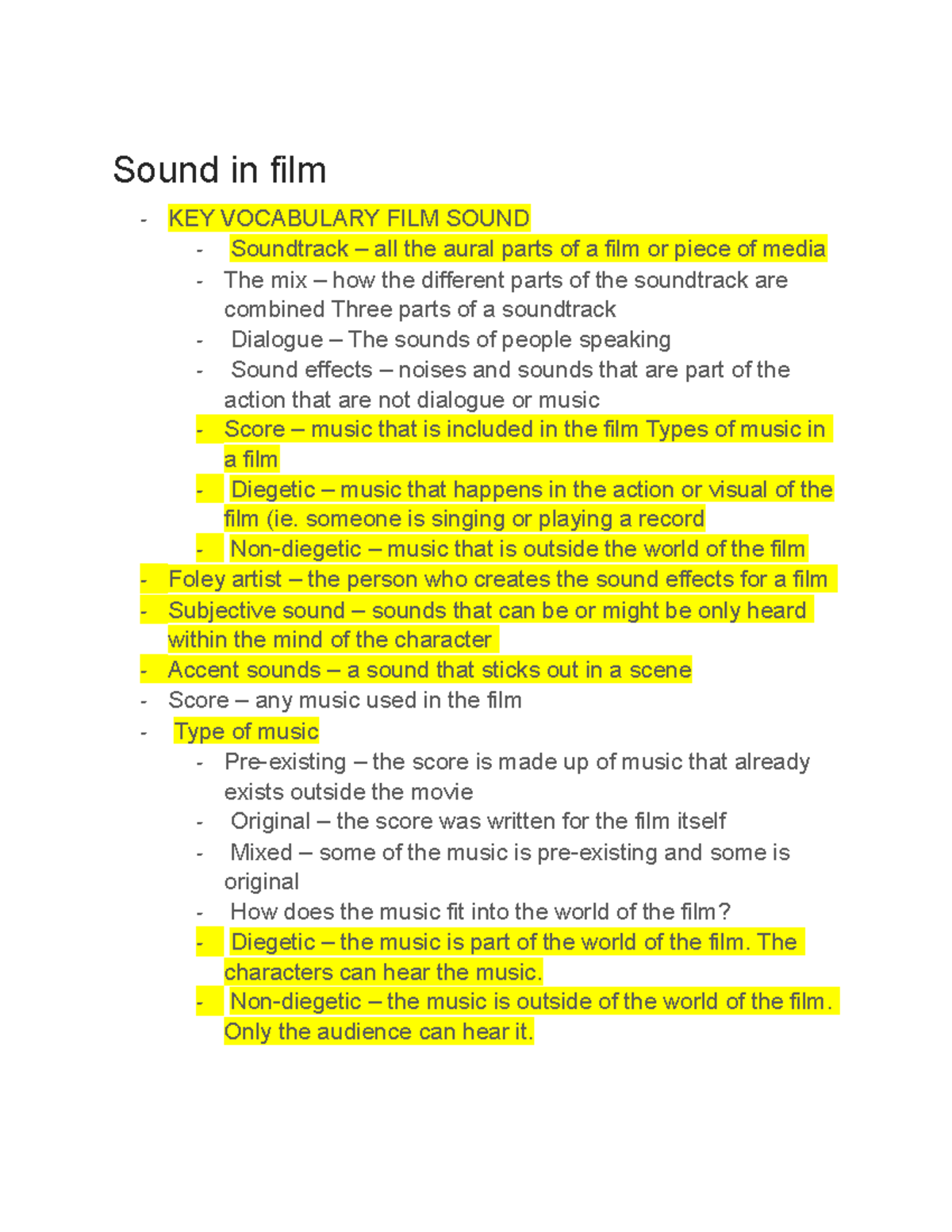 Humanities: Sound - Sound in film - KEY VOCABULARY FILM SOUND ...