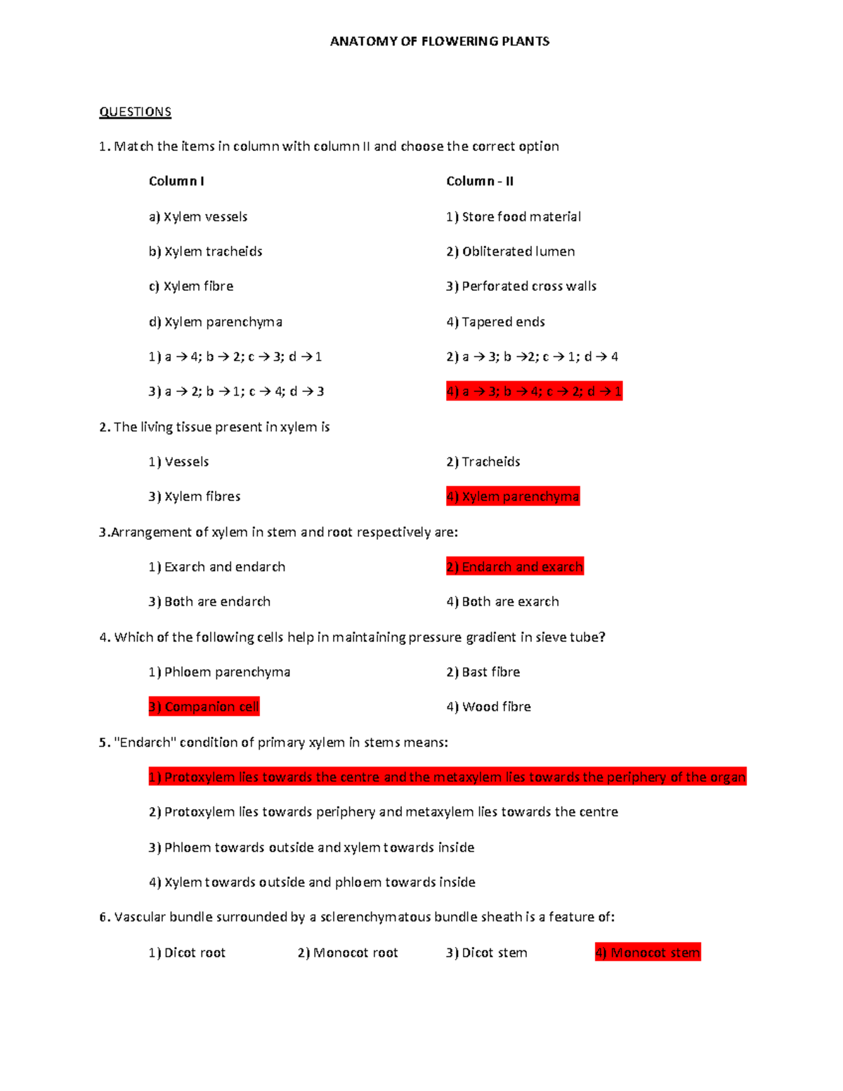 9 Biology NEET Questions AND Answers ; Anatomy OF Flowering Plants ...