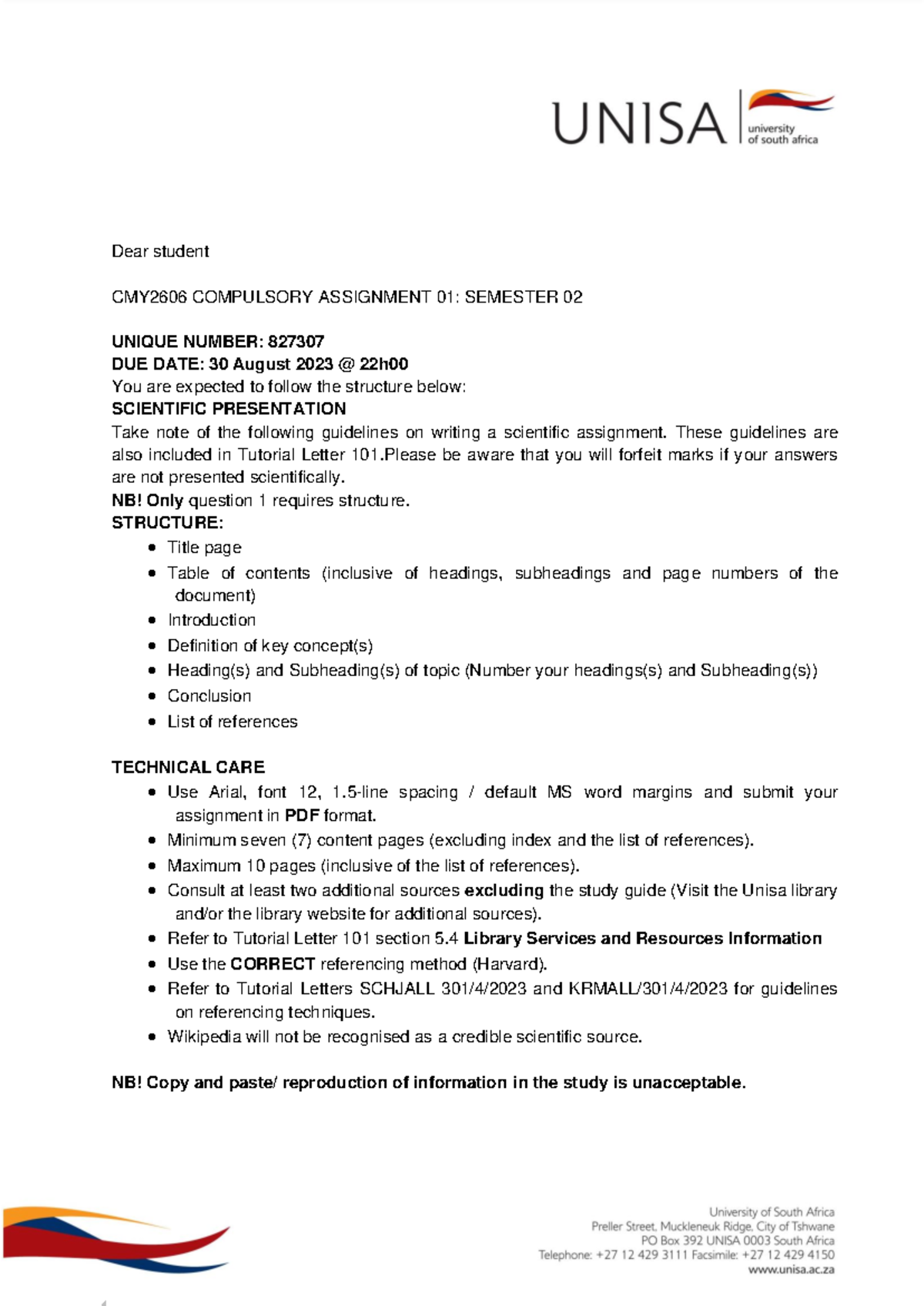 Semester 2 CMY2606 Compulsory Assignment 2023 - Dear student CMY2606 COMPULSORY ASSIGNMENT 01 ...