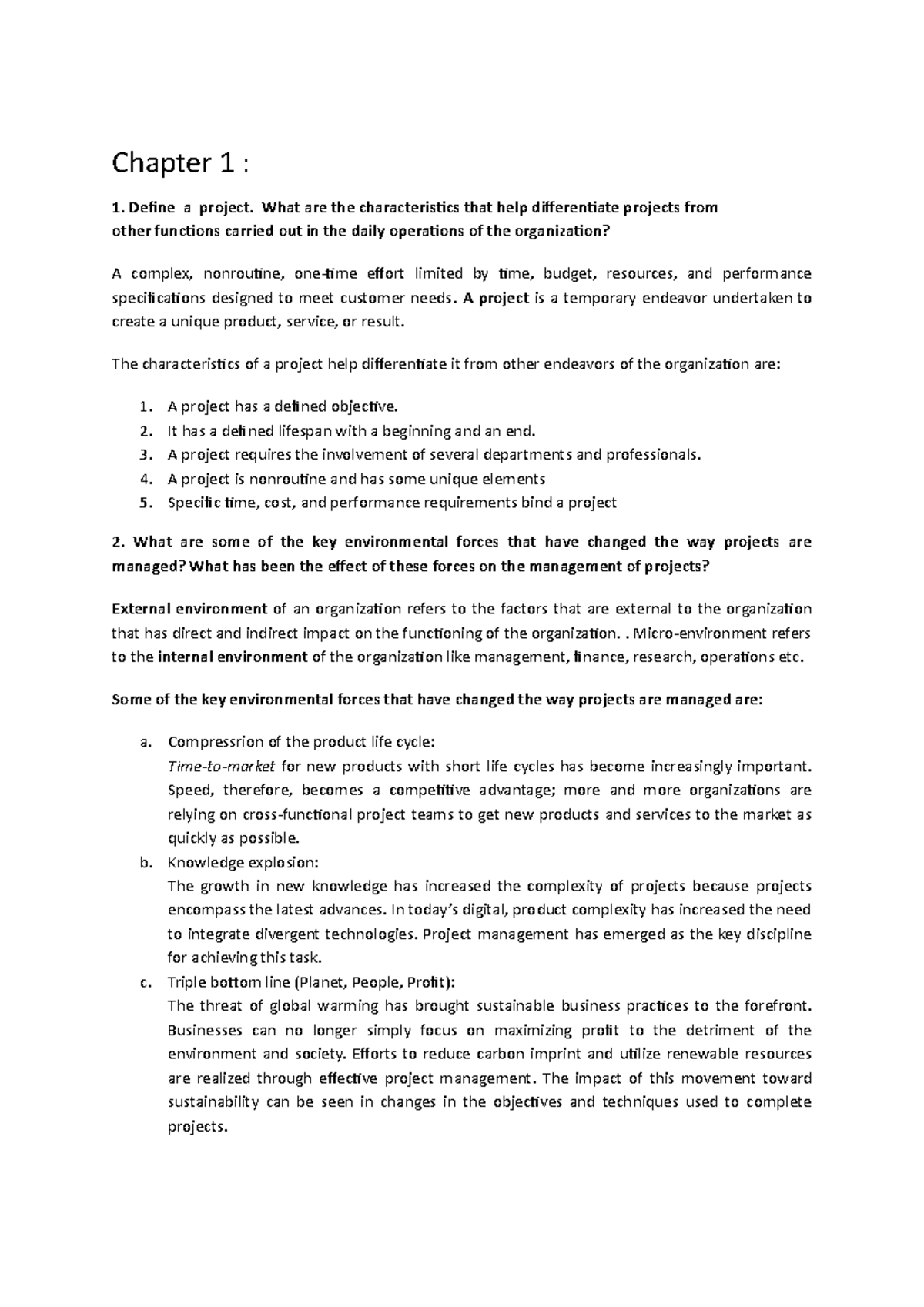 Project-Management - project - Chapter 1 : Define a project. What are ...