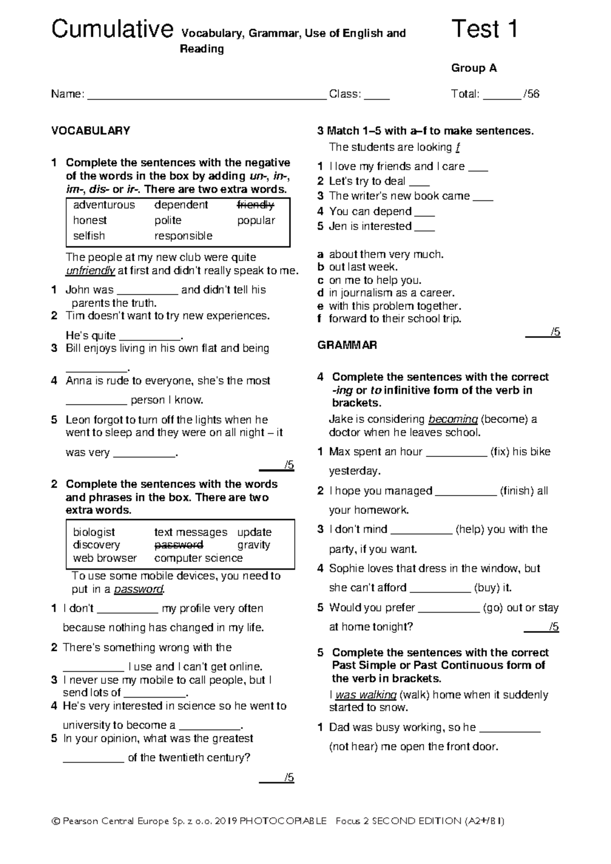 Focus 2 2ed Cumulative Test 1 Units 1-2 Group A - Cumulative Vocabulary ...