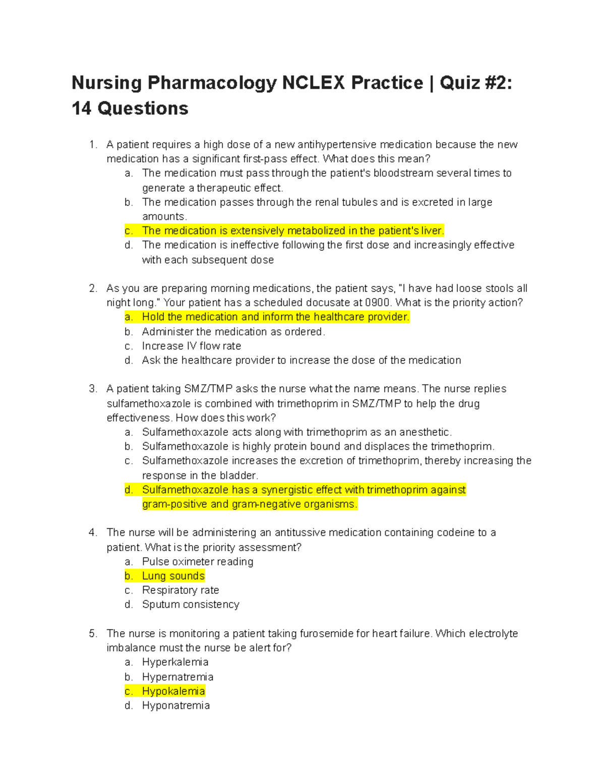 Quiz #2 14 Questions - practice pharm quiz #2 - Nursing Pharmacology ...