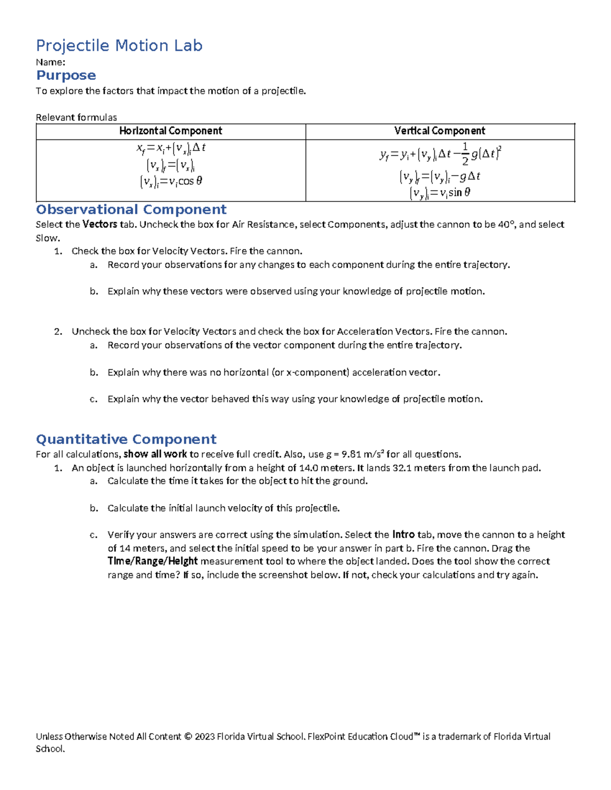 Projectile motion lab worksheet - Projectile Motion Lab Name: Purpose ...