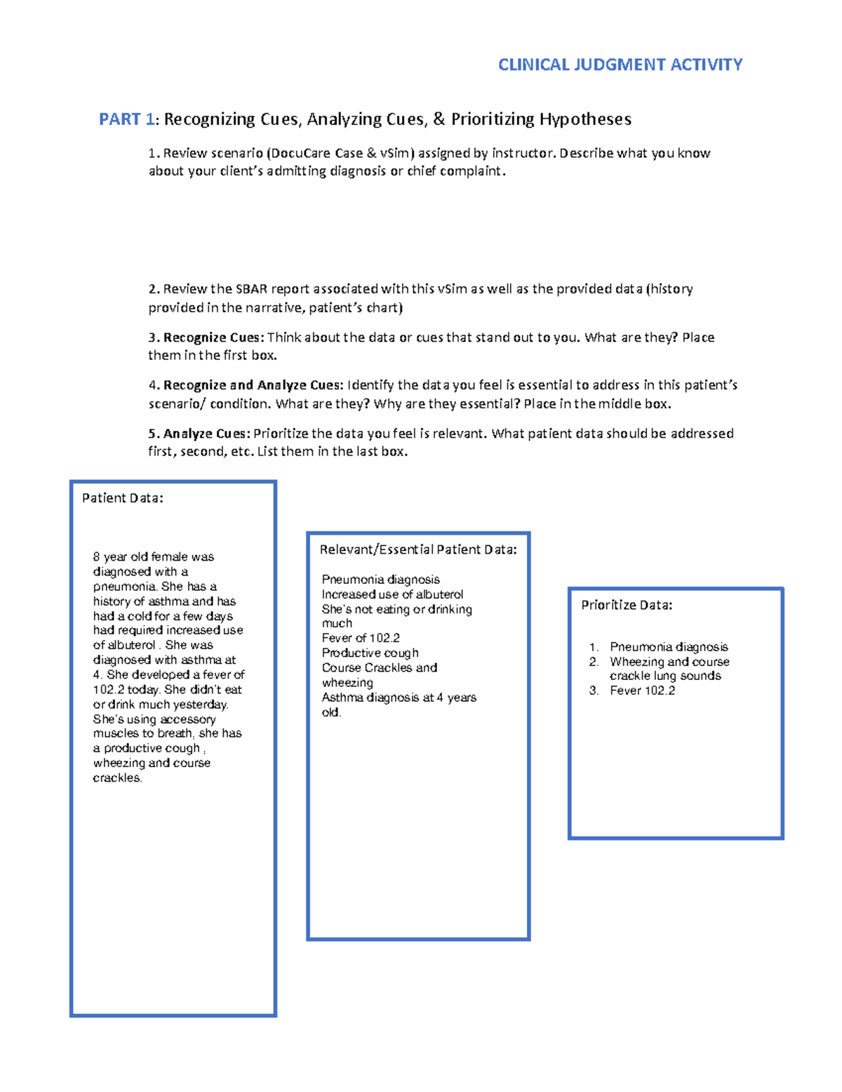 Pre worksheet peds - Note - CLINICAL JUDGMENT ACTIVITY PART 1 ...