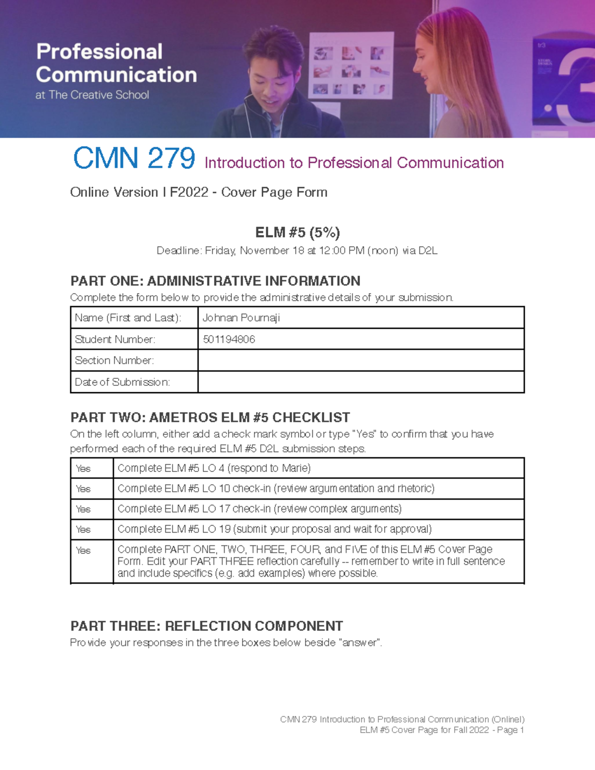 MN279(Section#) ELM#5Form - CMN 279 Introduction to Professional ...