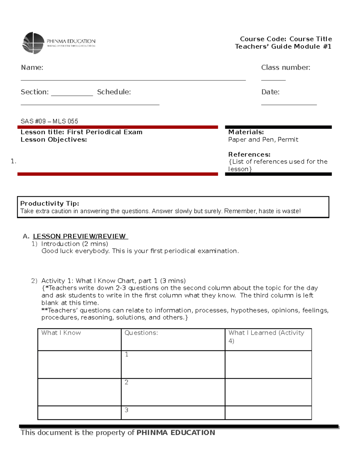 Lecture notes in BSMLS - Teachers’ Guide Module # Name: - Studocu