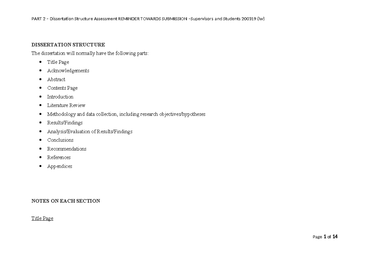 PART 2 Dissertation Structure Student and Supervisor Guidelines ...