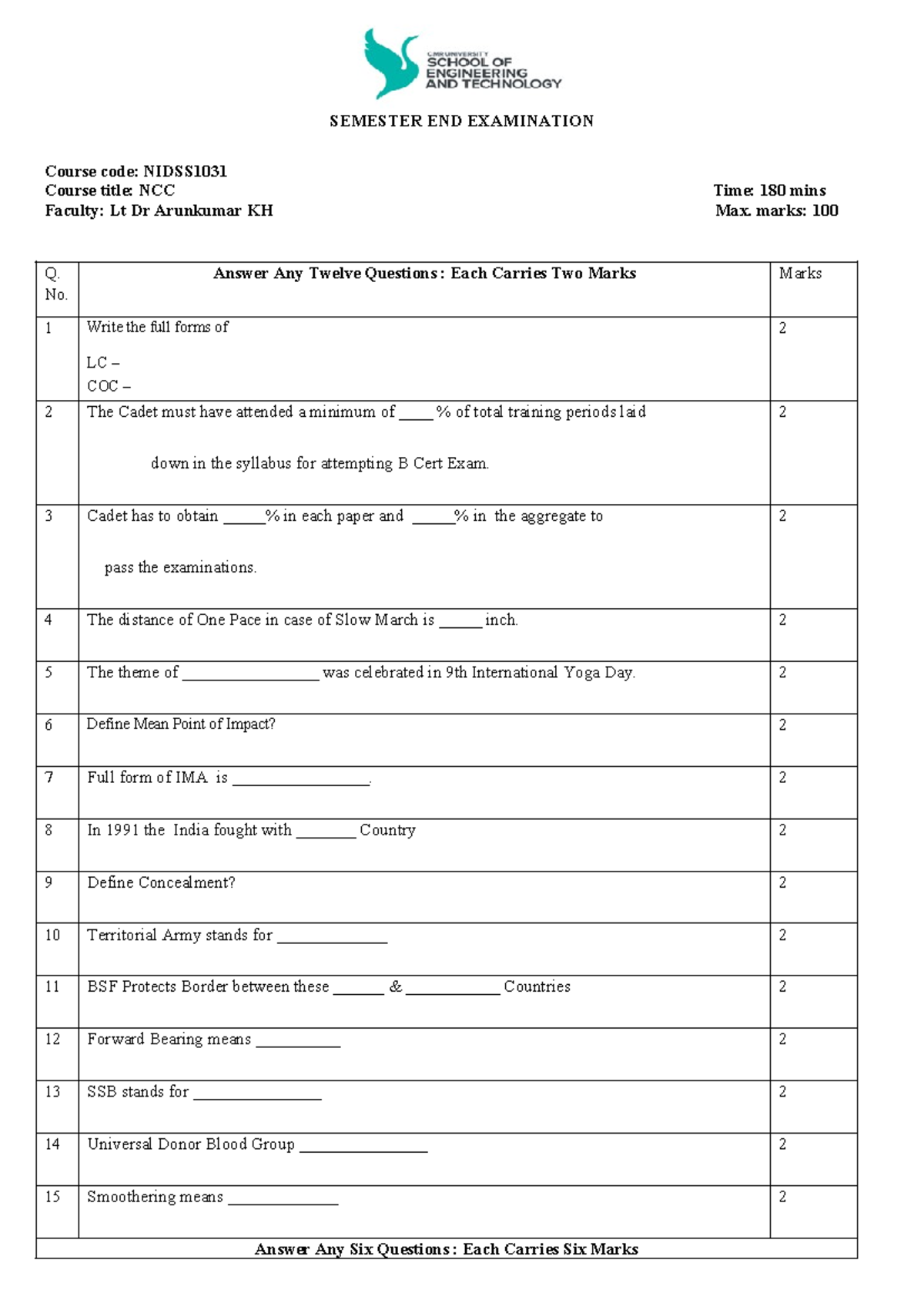 Nidss 1031-Set 2 - SEMESTER END EXAMINATION Course code: NIDSS Course ...