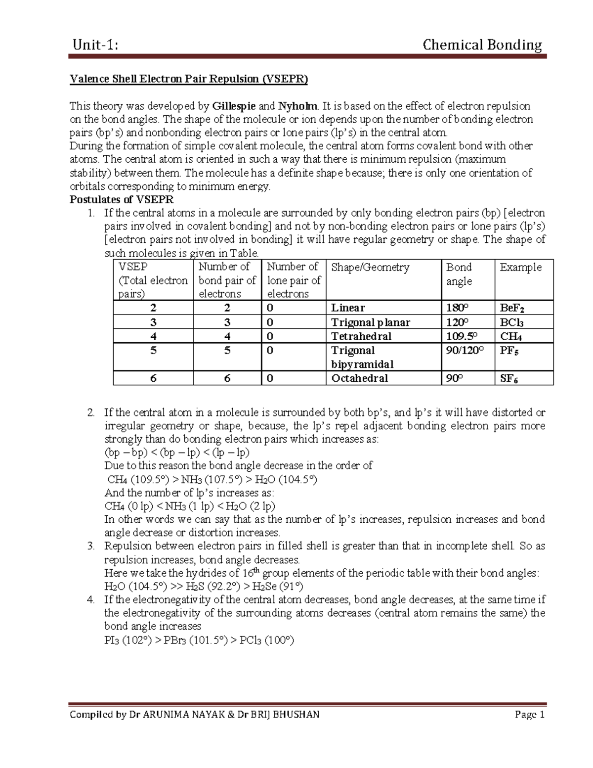 Chem Bonding 2018 - sem 1 chemistry notes - Valence Shell Electron Pair ...