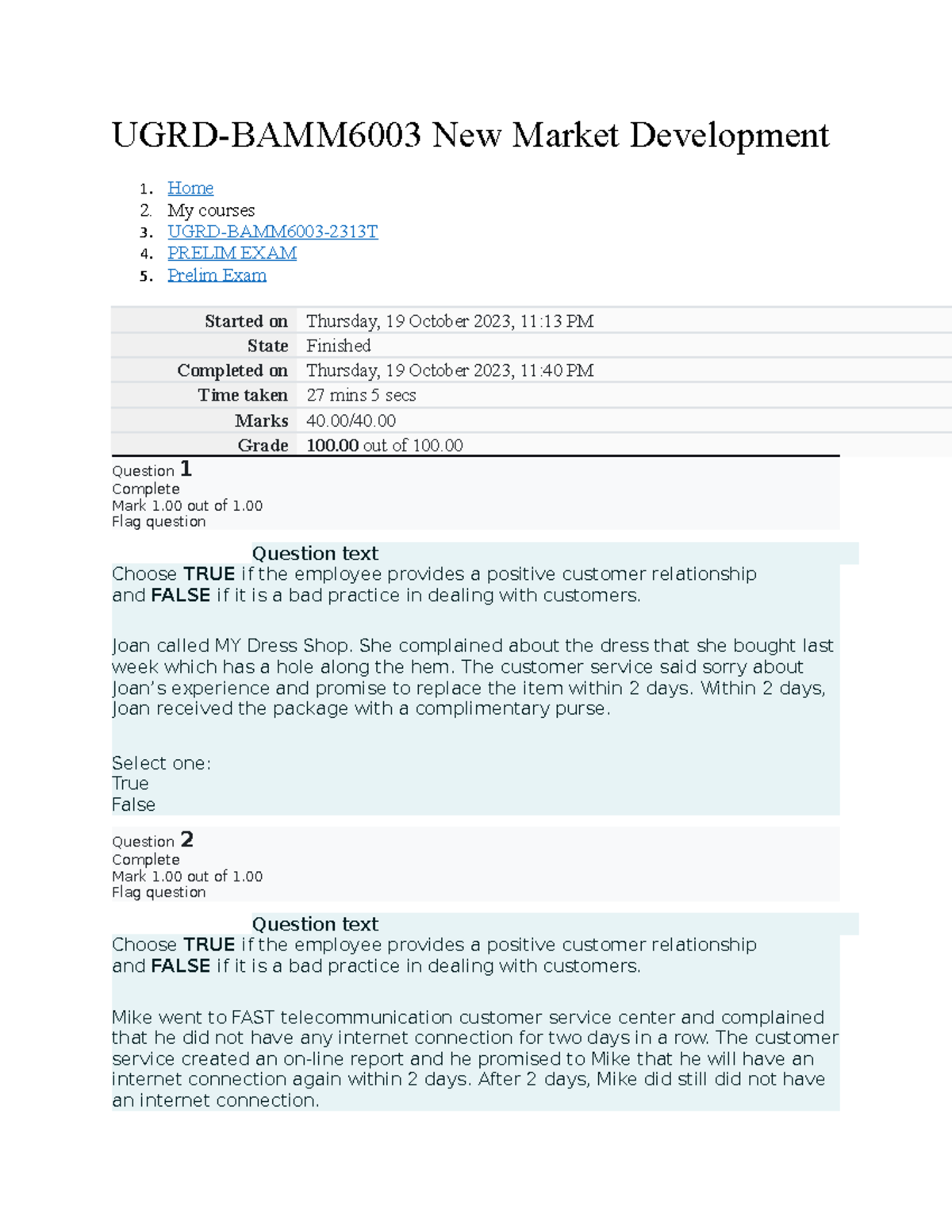 Prelim EXAM NEW Market Development - UGRD-BAMM6003 New Market ...