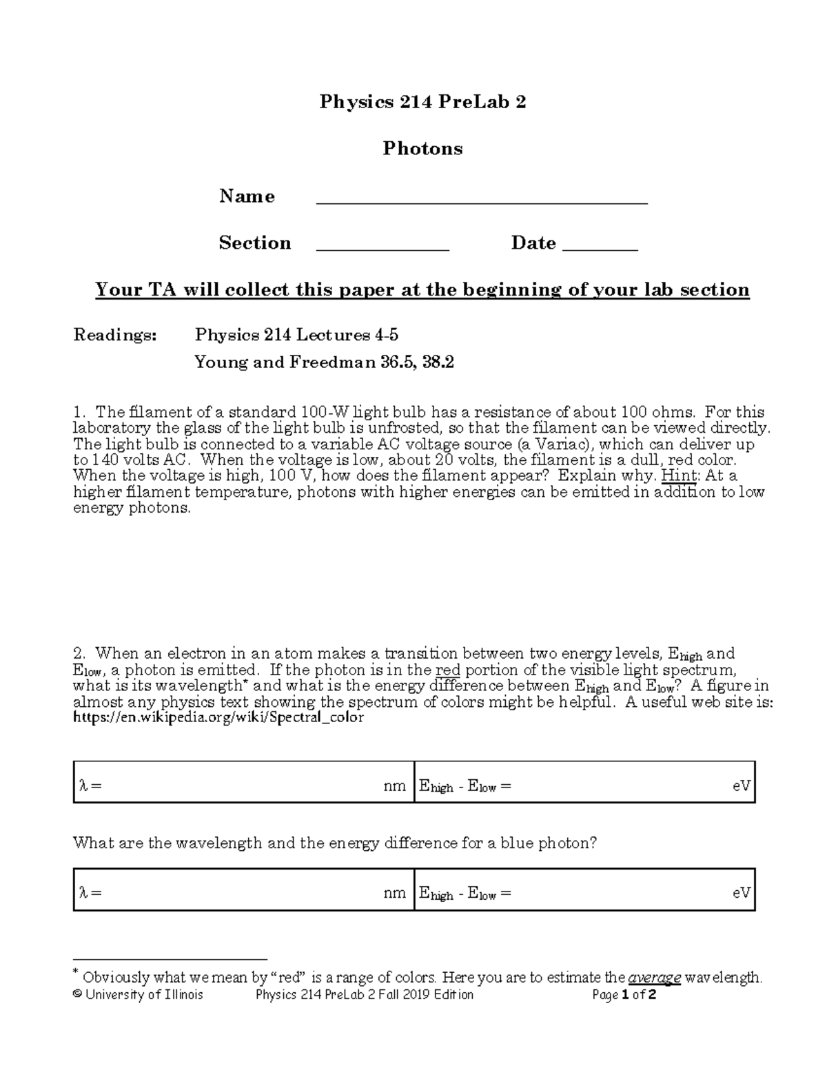 Prelab 2 - © University of Illinois Physics 214 PreLab 2 Fall 2019 Edition Page 1 of 2 Physics ...