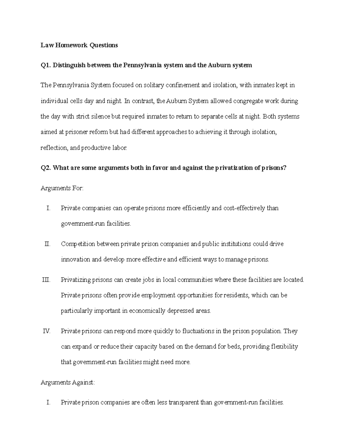 Law Homework Questions - Distinguish between the Pennsylvania system ...