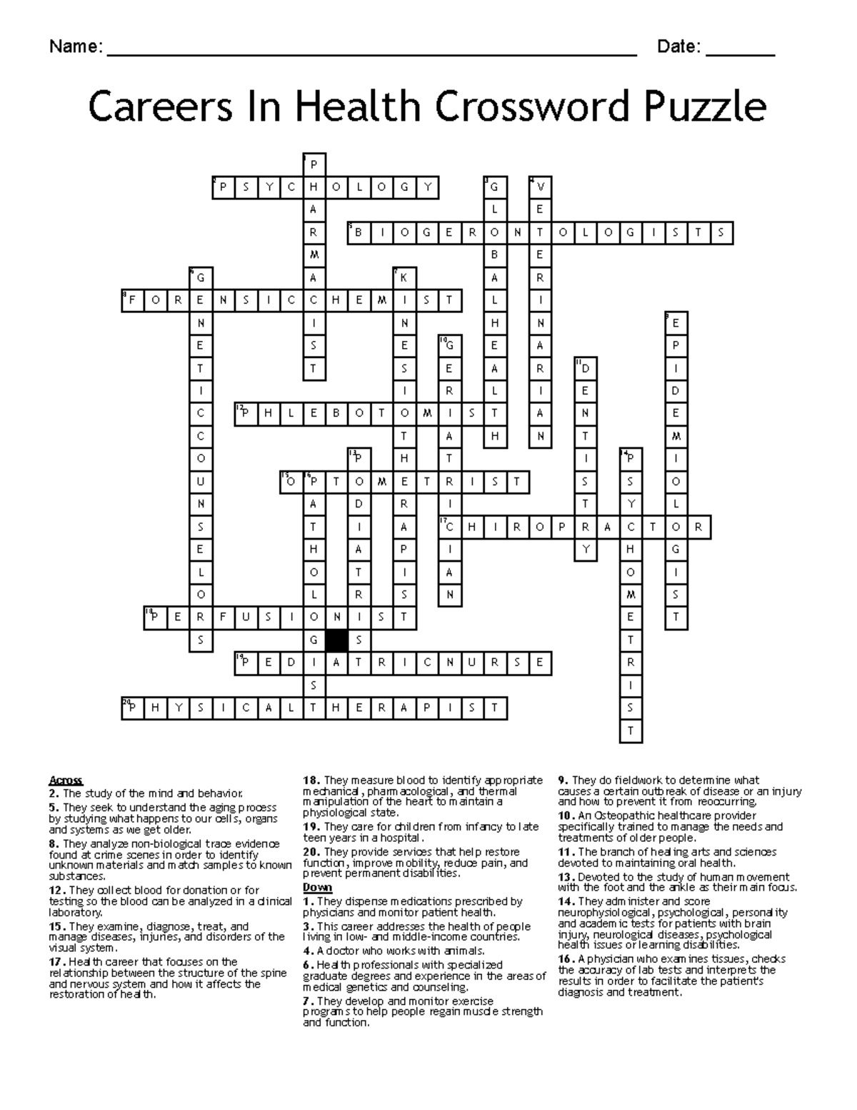 Careers In Health Crossword Puzz answer key - Name: - Studocu
