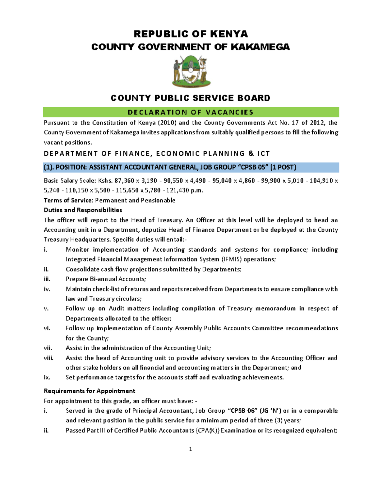 Advertisement FOR Accountants IN THE County Public Service 4TH February ...