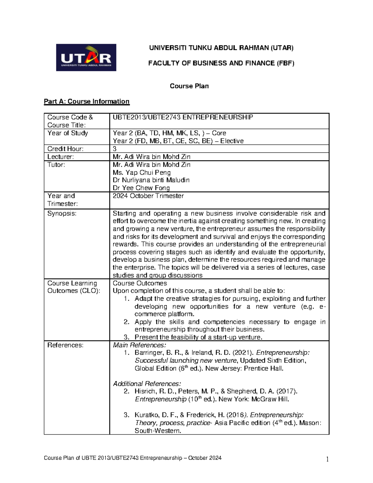 Course Plan-UBTE2013 UBTE2743-October 2024 - UNIVERSITI TUNKU ABDUL ...