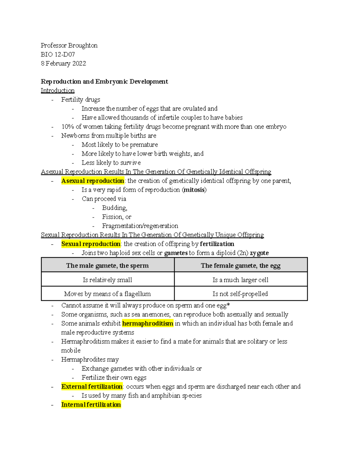 BIO 12-D07 LEC (4) Reproduction AND Embryonic Development - Professor ...
