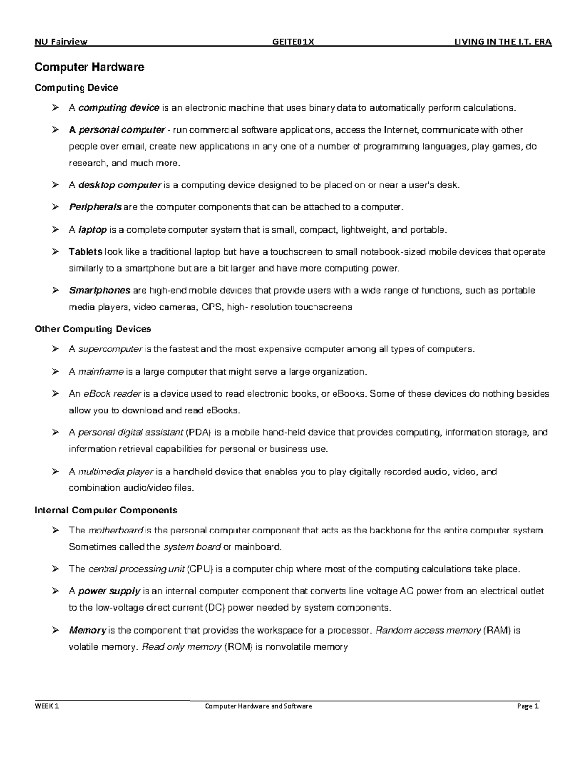 Geite 01x Week1 Handouts Computer Hardware Computing Device A Computing Device Is An