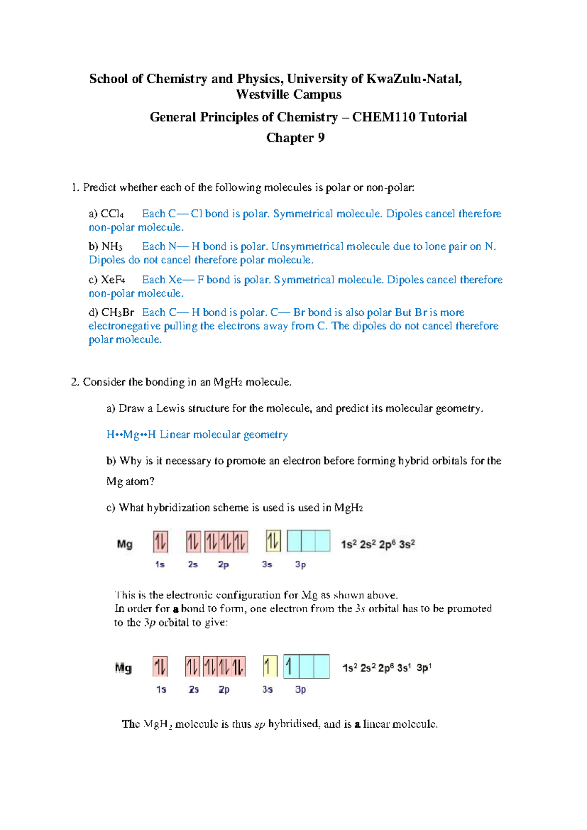 Tut Chapter 9 solutions - School of Chemistry and Physics, University ...
