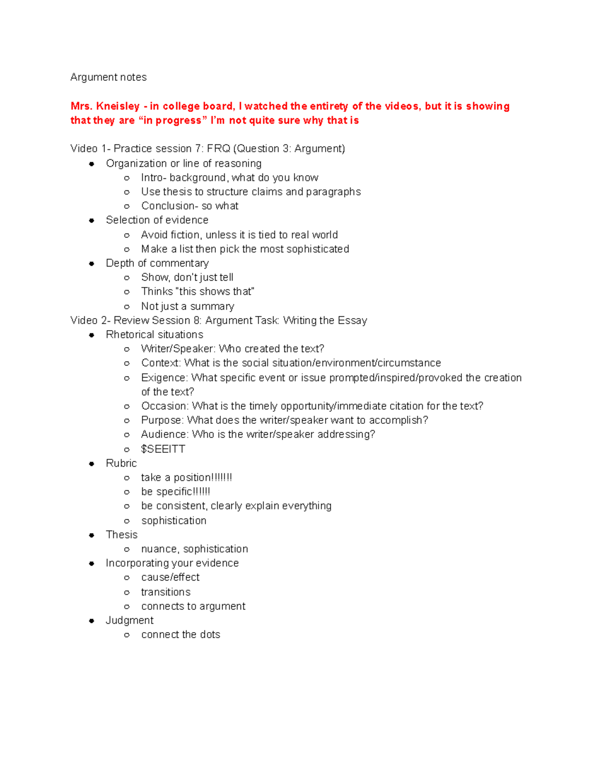 Argument notes-1 - Argument notes Mrs. Kneisley - in college board, I ...