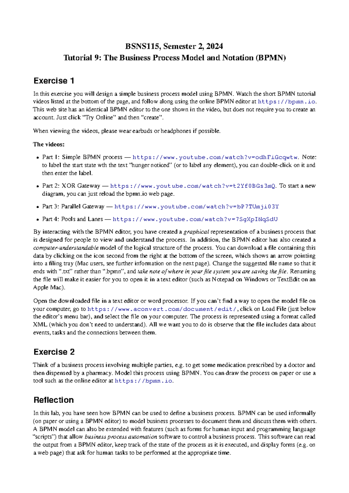 Tutorial 9 - BSNS115, Semester 2, 2024 Tutorial 9: The Business Process ...