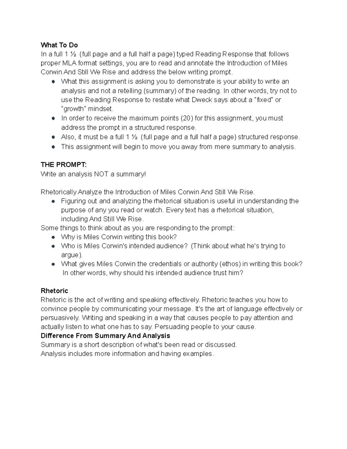 English reading response 2 - What To Do In a full 1 ½ (full page and a ...