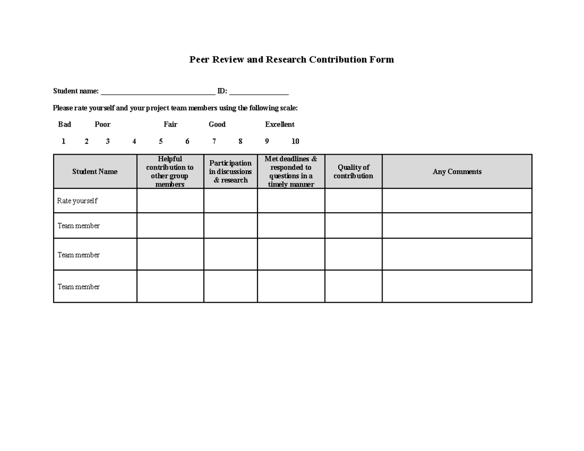 Peer Review Form - Peer Review and Research Contribution Form Student ...