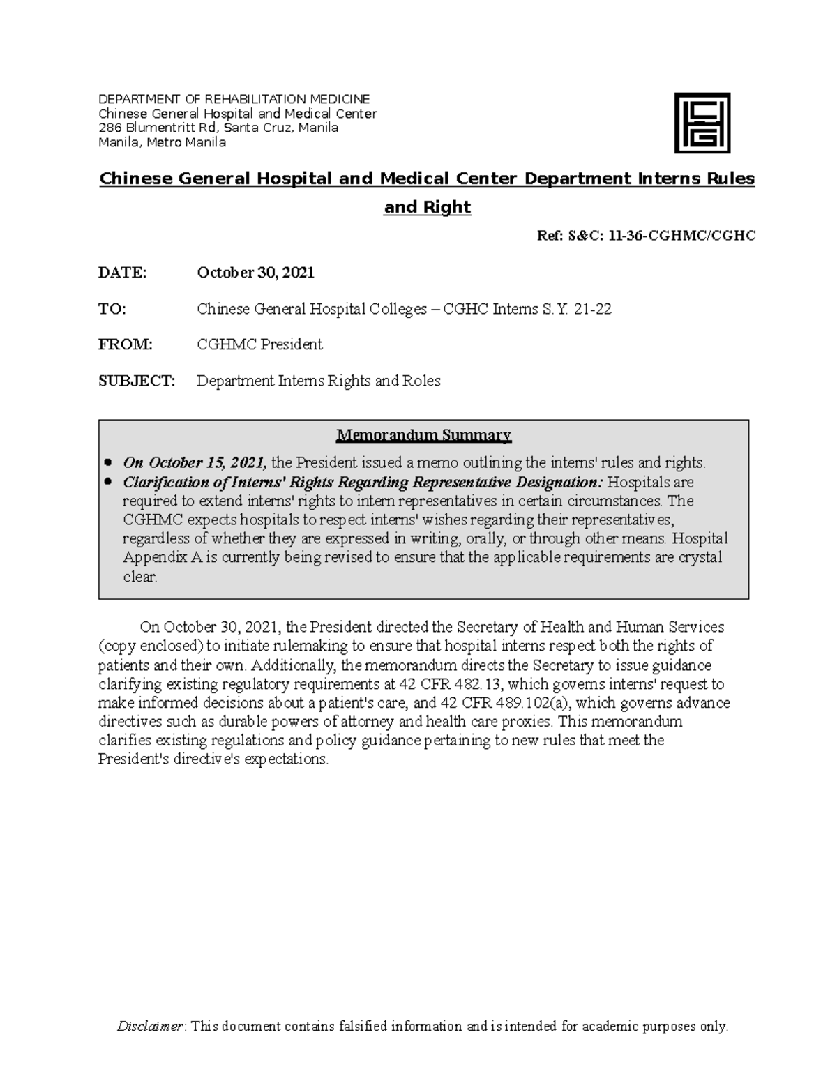 Memorandum on Intern Rules and Rights - DEPARTMENT OF REHABILITATION ...