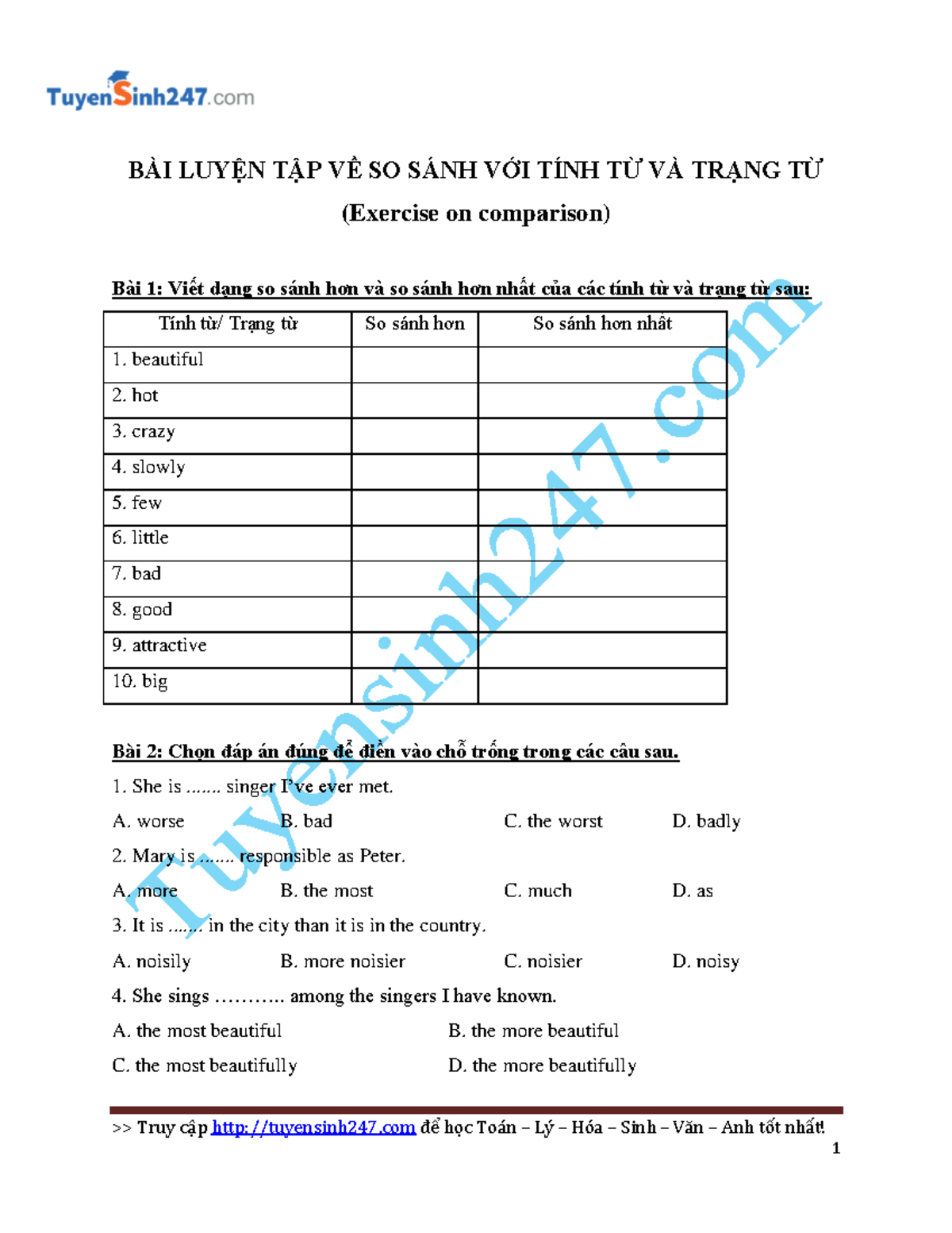 Bai luyen tap ve so sanh hay co dap dap exercises on comparison - Truy cập tuyensinh247 để học ...