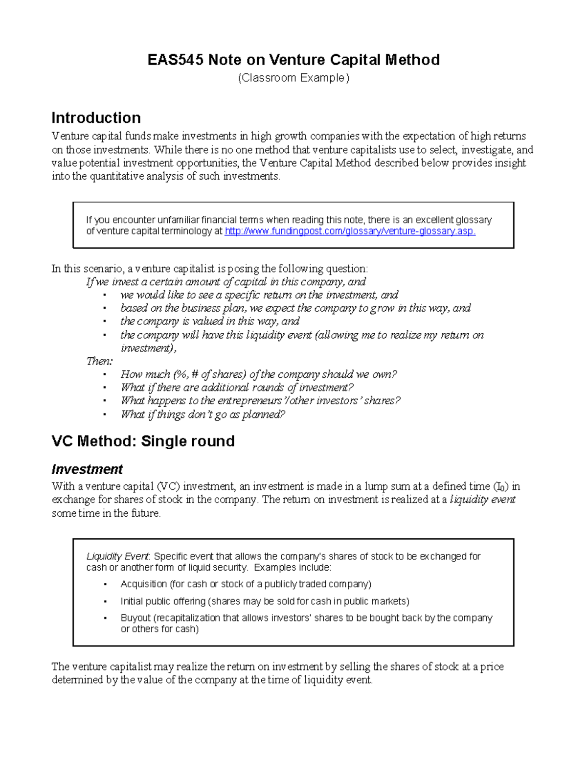 Note on VC Method (Rev 19A) - EAS545 Note on Venture Capital Method ...