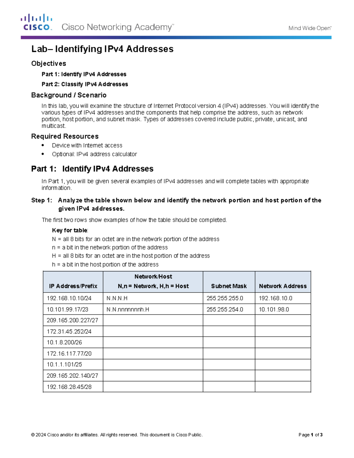 Lab - Identifying IPv4 Addresses - Lab– Identifying IPv4 Addresses Objectives Part 1: Identify ...