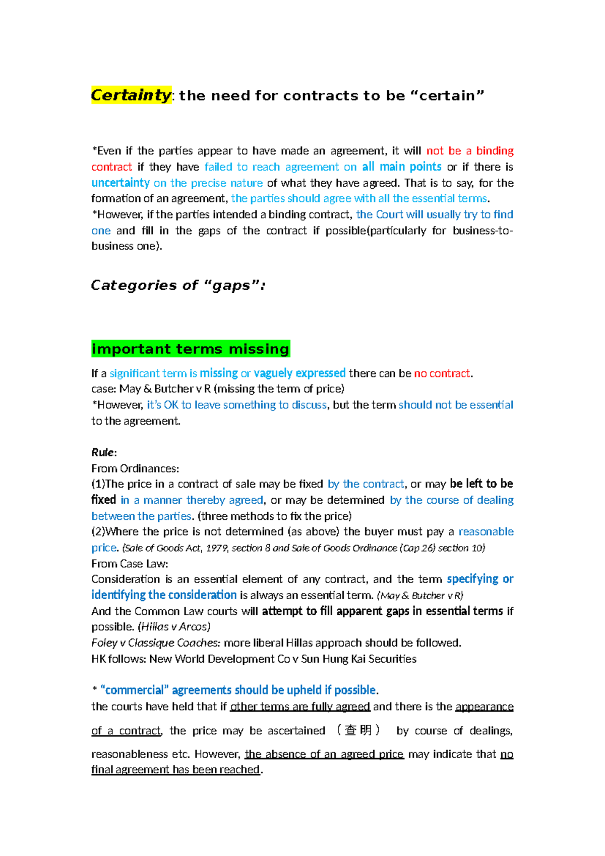 Notes of Certainty - Certainty: the need for contracts to be “certain ...